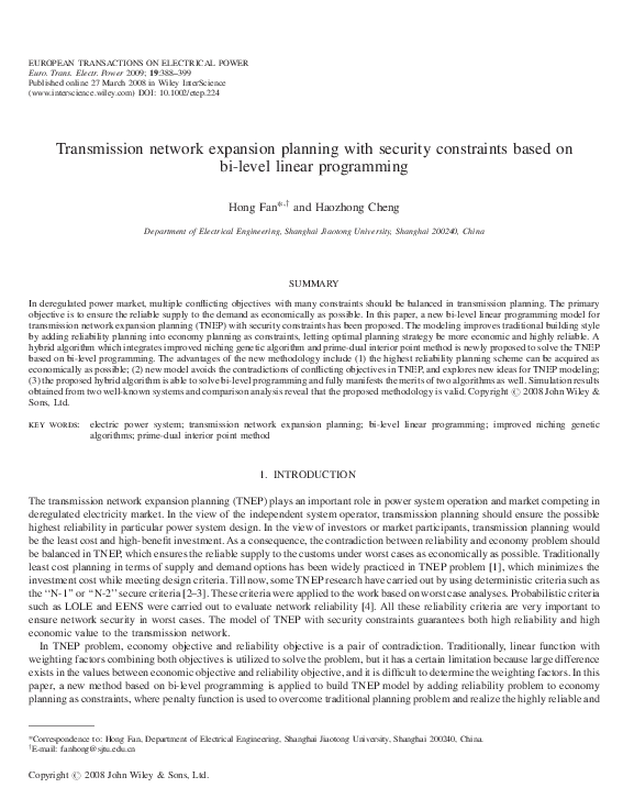 Pdf Transmission Network Expansion Planning With Security Constraints Based On Bi Level Linear