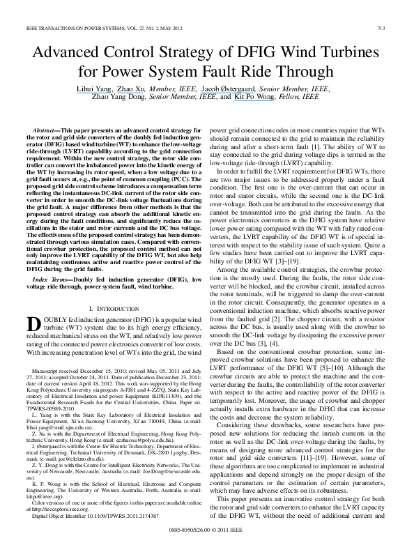 (PDF) Advanced Control Strategy of DFIG Wind Turbines for Power System Fault Ride Through