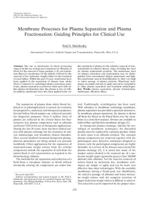(PDF) Membrane Processes for Plasma Separation and Plasma Fractionation ...