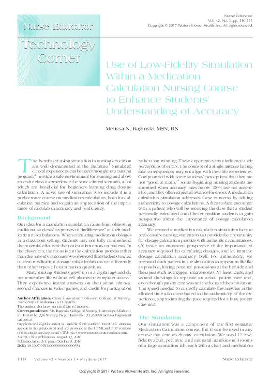 (PDF) Use of Low-Fidelity Simulation Within a Medication Calculation ...