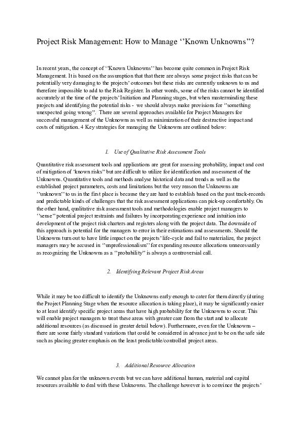 (DOC) Project Risk Management: How to Manage ''Known Unknowns''