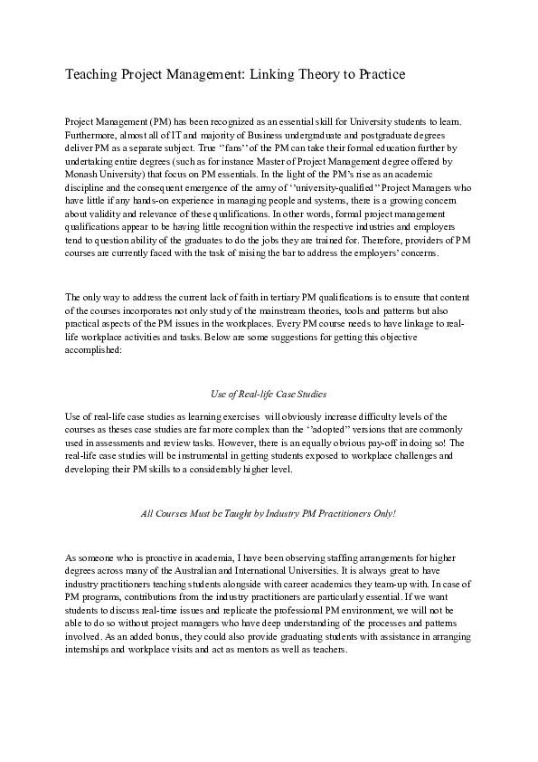 (DOC) Teaching Project Management: Linking Theory to Practice