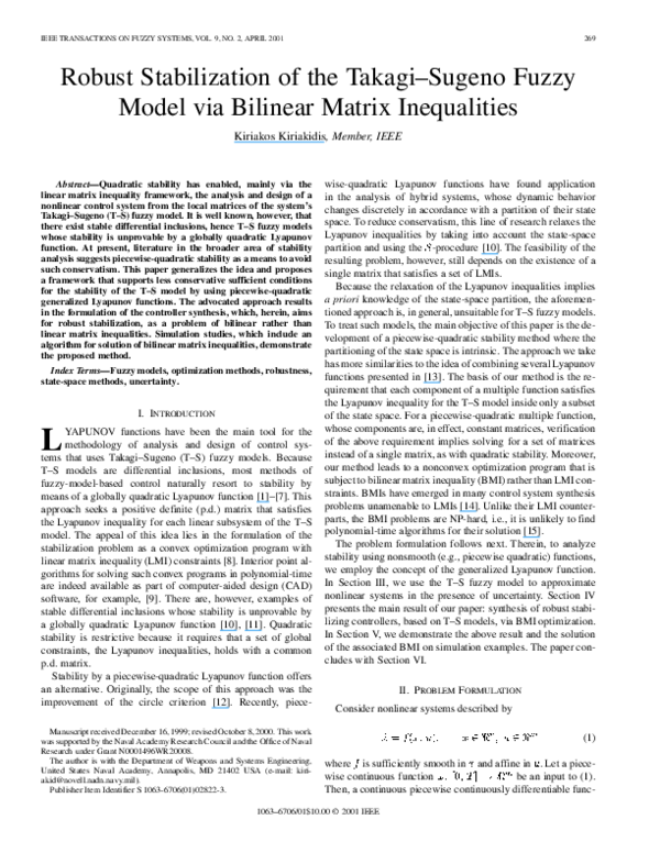 (PDF) Robust stabilization of the Takagi-Sugeno fuzzy model via bilinear matrix inequalities
