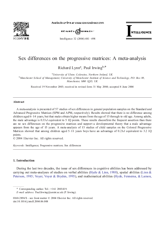 Pdf Sex Differences On The Progressive Matrices A Meta Analysis
