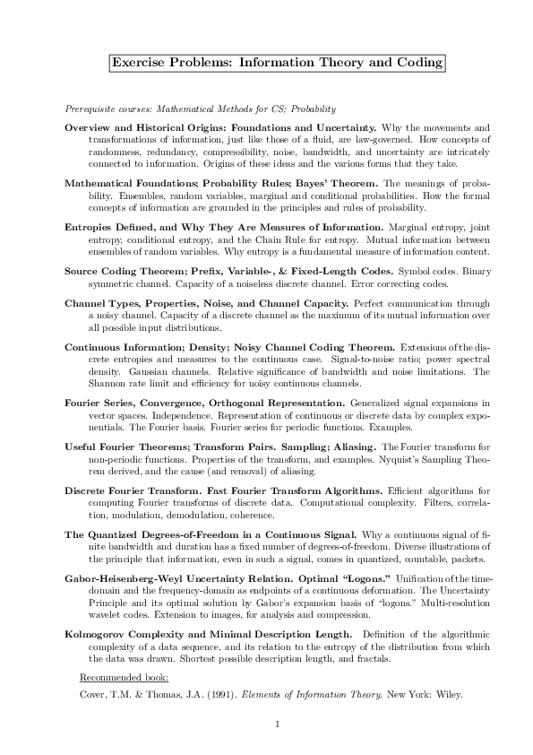 (PDF) Exercise Problems: Information Theory and Coding
