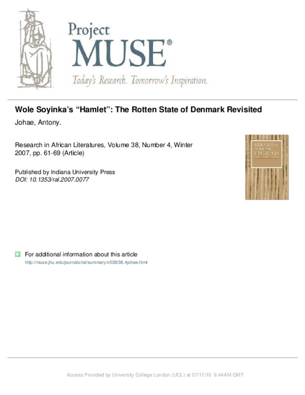 (PDF) Wole Soyinka's " Hamlet " : The Rotten State of Denmark Revisited