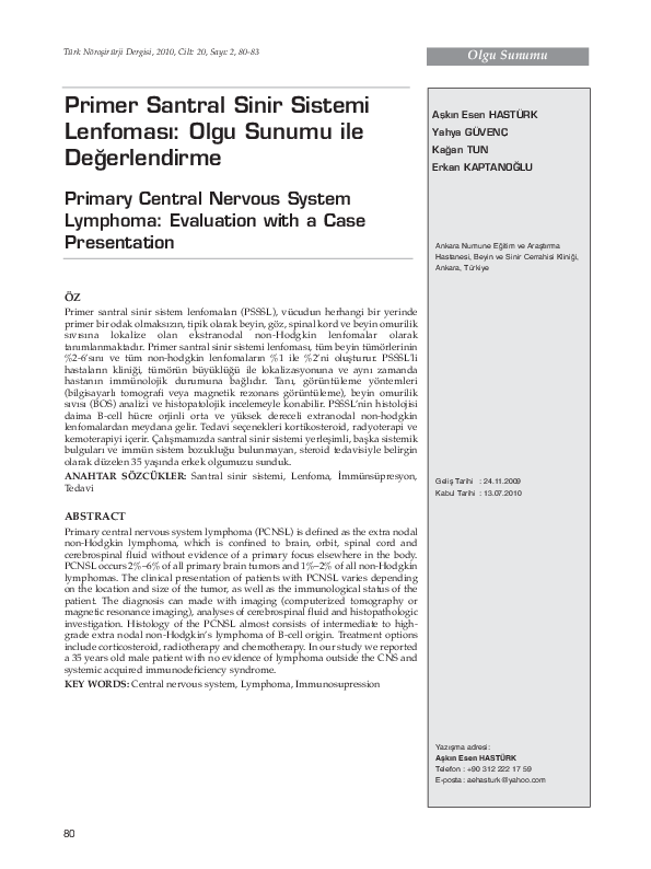 (PDF) Primary Central Nervous System Lymphoma: Evaluation with a Case Presentation