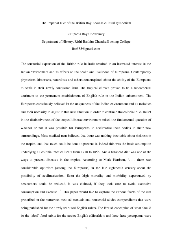 (PDF) The Imperial Diet of the British Raj: Food as cultural symbolism