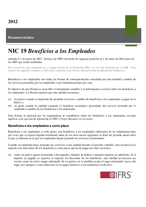 (PDF) NIC 19 Beneficios a los Empleados
