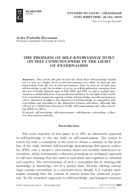 (PDF) THE PROBLEM OF SELF-KNOWLEDGE BUILT ON SELF-CONSCIOUSNESS IN THE LIGHT OF EXTERNALISM