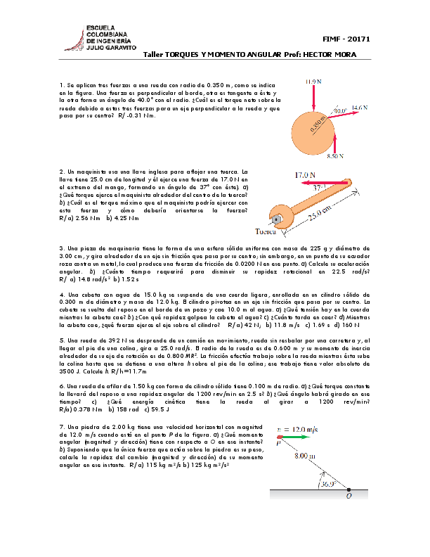 (PDF) FIMF -20171 Taller TORQUES Y MOMENTO ANGULAR Prof: HECTOR MORA