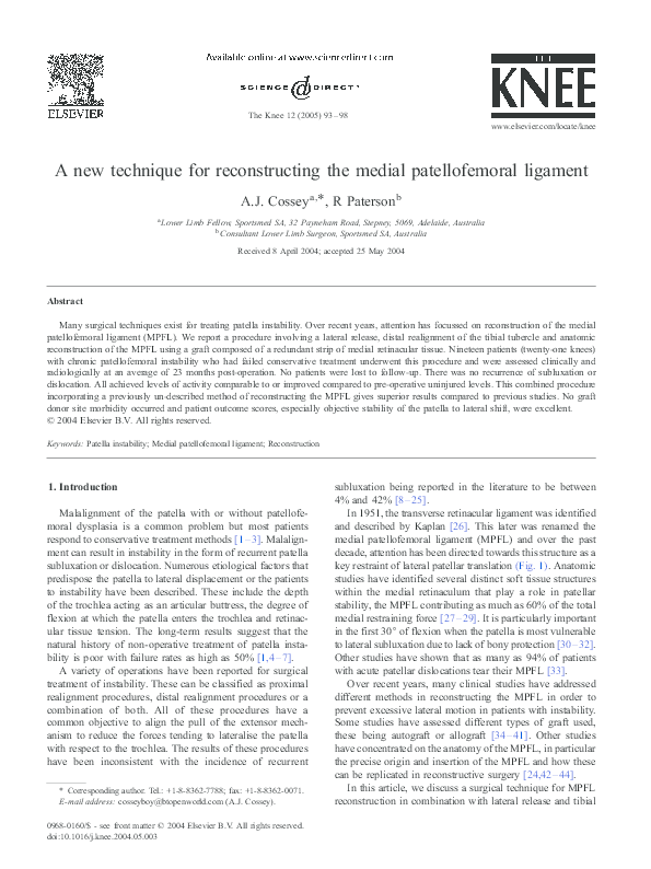 A new technique for reconstructing the medial patellofemoral ligament
