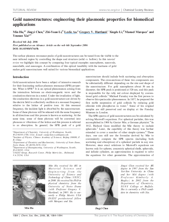 (PDF) Gold nanostructures: engineering their plasmonic properties for biomedical applications