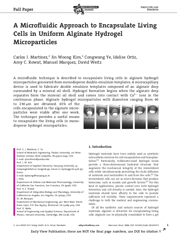 (PDF) A Microfluidic Approach to Encapsulate Living Cells in Uniform ...