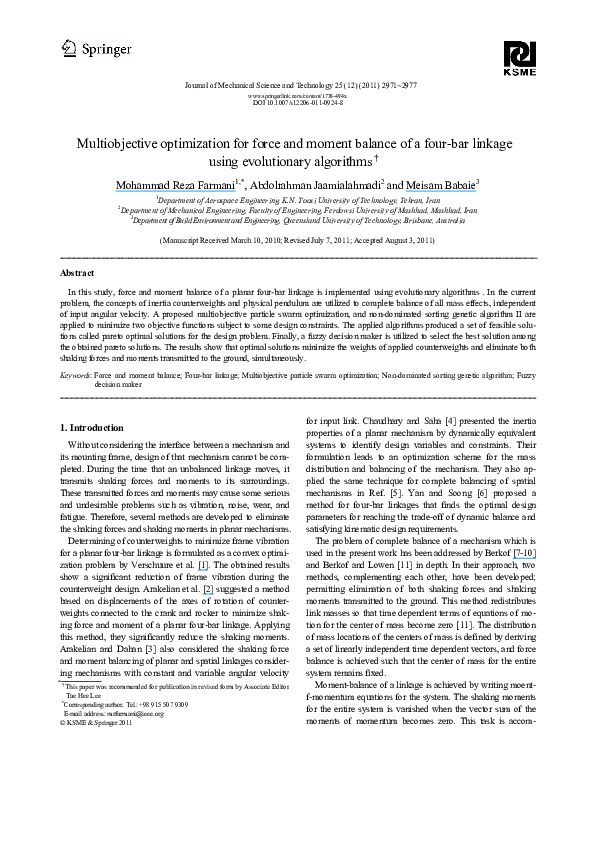 (PDF) Multiobjective optimization for force and moment balance of a four-bar linkage using ...
