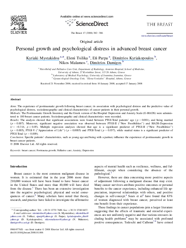 (PDF) Personal growth and psychological distress in advanced breast cancer