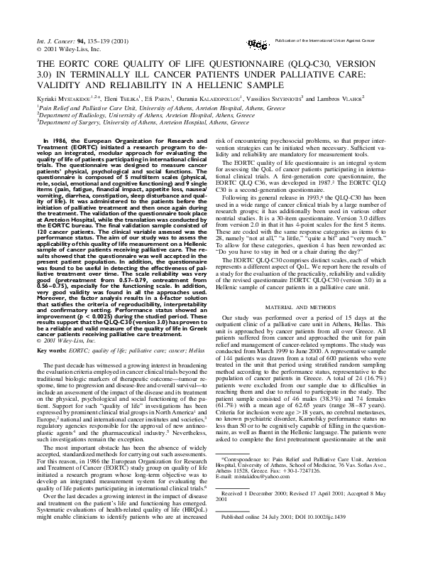 (PDF) The EORTC core quality of life questionnaire (QLQ-C30, version 3.0) in terminally ill ...