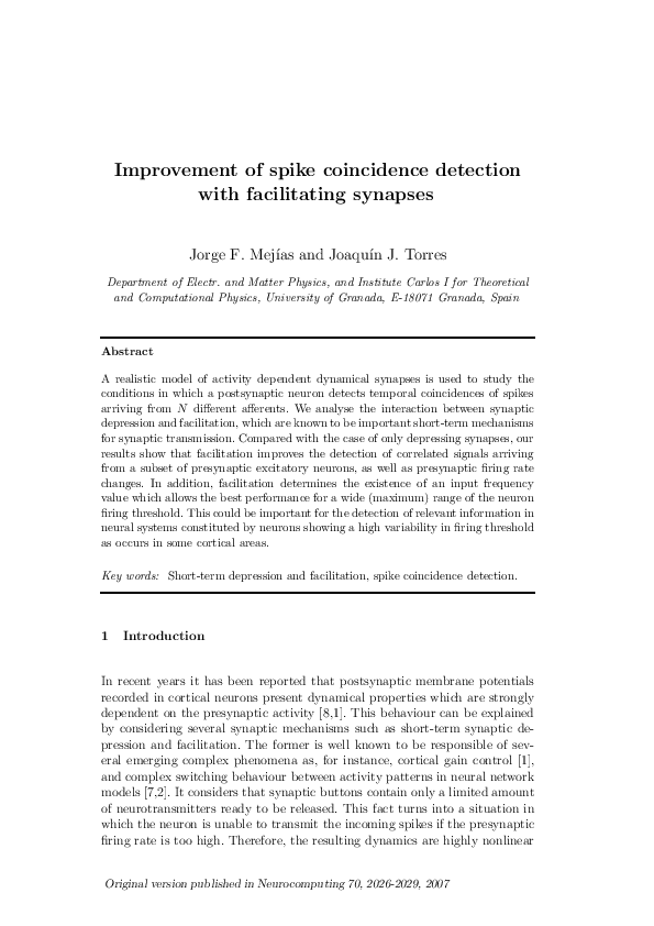 (PDF) Improvement of spike coincidence detection with facilitating synapses