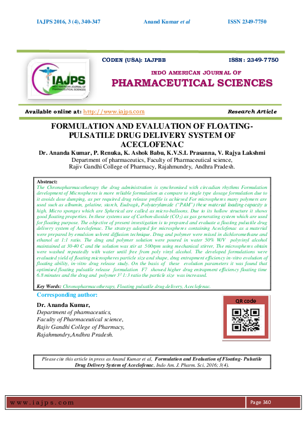 Pdf Formulation And Evaluation Of Floating Pulsatile Drug Delivery System Of Aceclofenac
