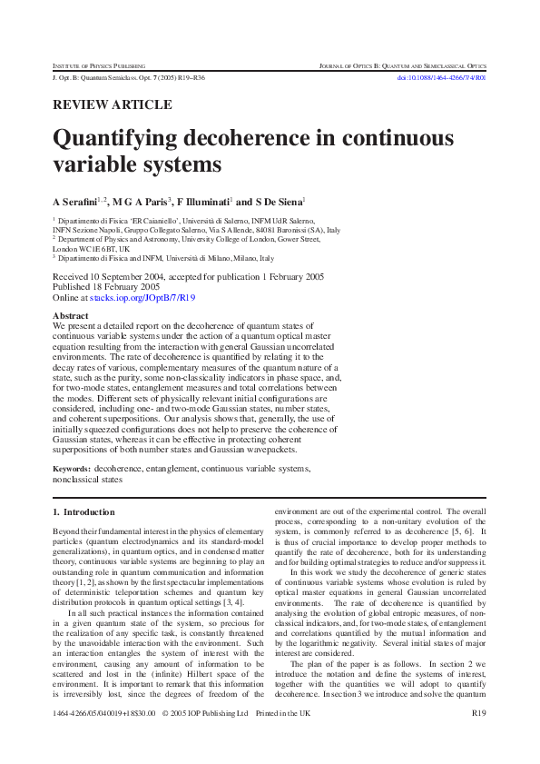 (PDF) Quantifying decoherence in continuous variable systems