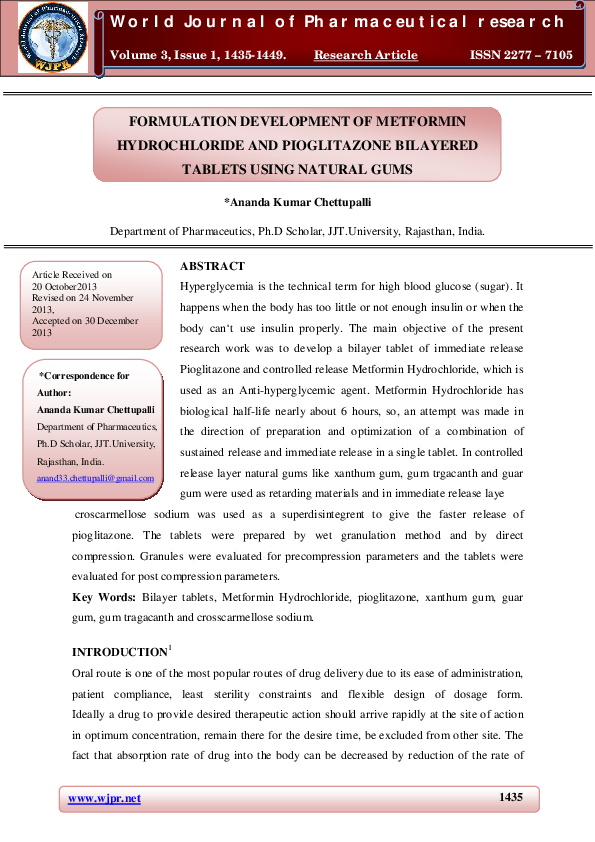 Pdf Formulation Development Of Metformin Hydrochloride And Pioglitazone Bilayered Tablets