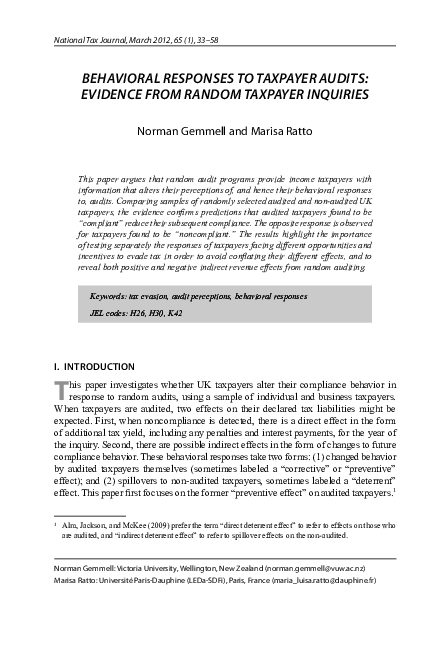 (PDF) BEHAVIORAL RESPONSES TO TAXPAYER AUDITS: EVIDENCE FROM RANDOM ...