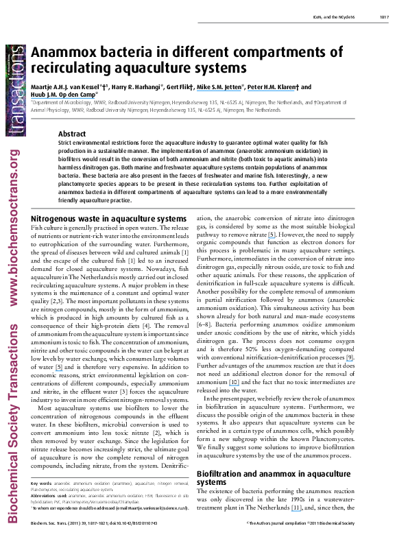 (PDF) Anammox bacteria in different compartments of recirculating ...