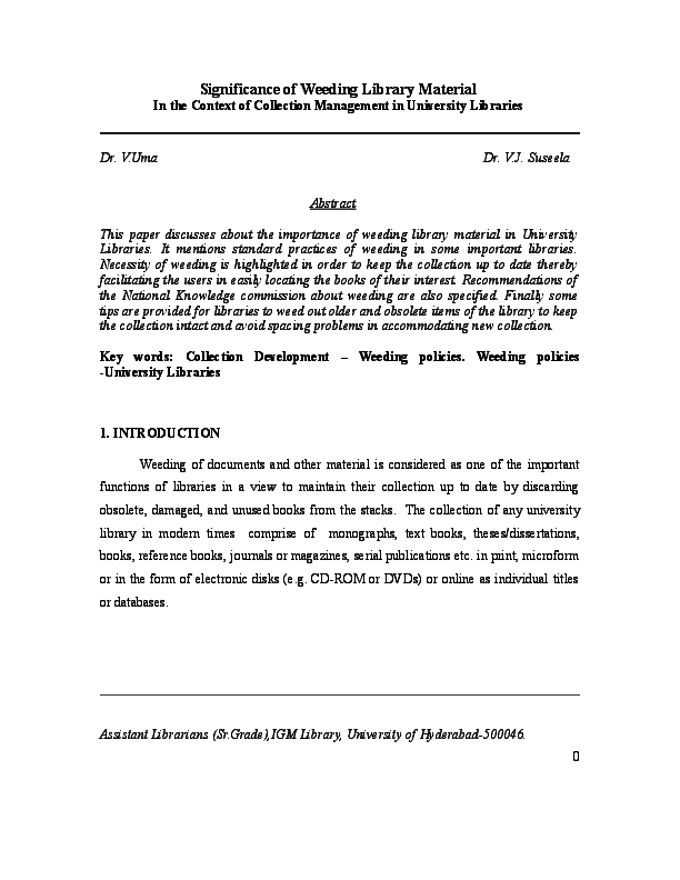 (DOC) Significance of Weeding Library Material In the Context of ...