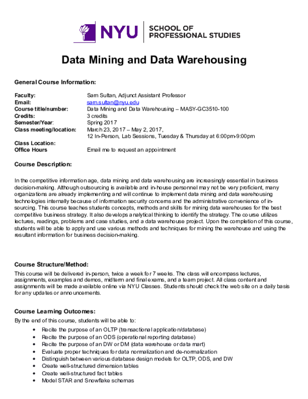 (DOC) Data Mining and Data Warehousing General Course Information: Course Description | Rebecca ...
