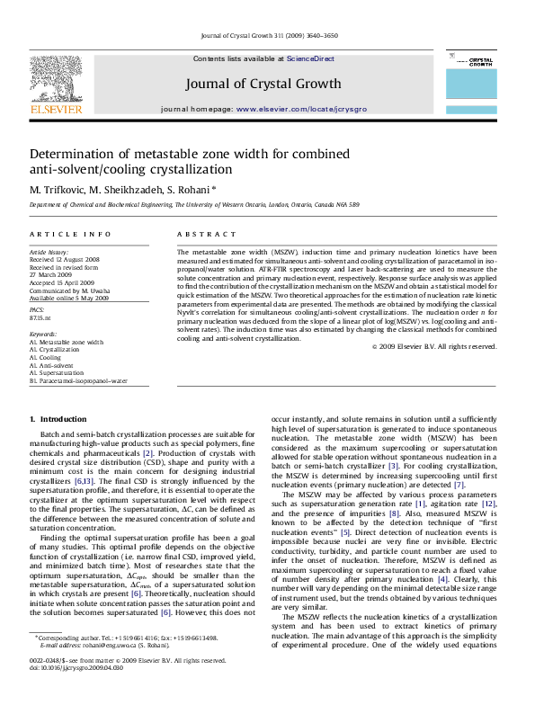 (PDF) Determination of metastable zone width for combined anti-solvent ...