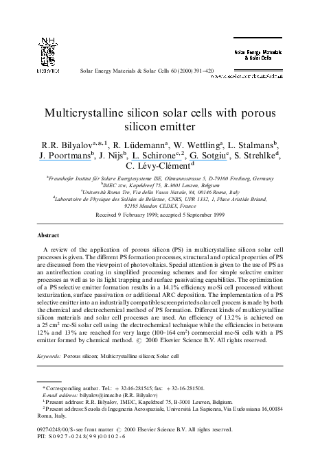 (PDF) Multicrystalline silicon solar cells with porous silicon emitter