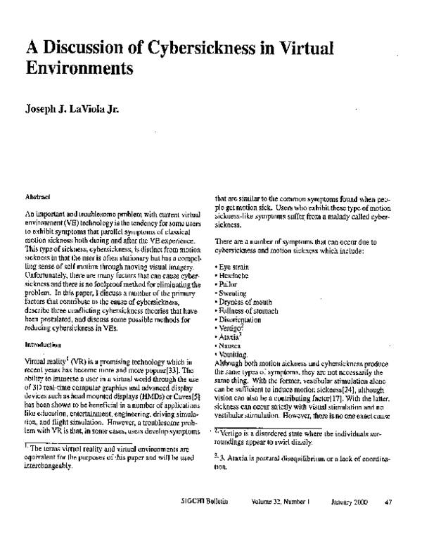 (PDF) A Discussion of Cybersickness in Virtual Environments