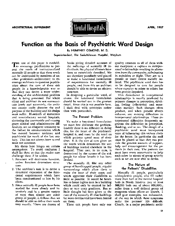 (PDF) Function as the Basis of Psychiatric Ward Design