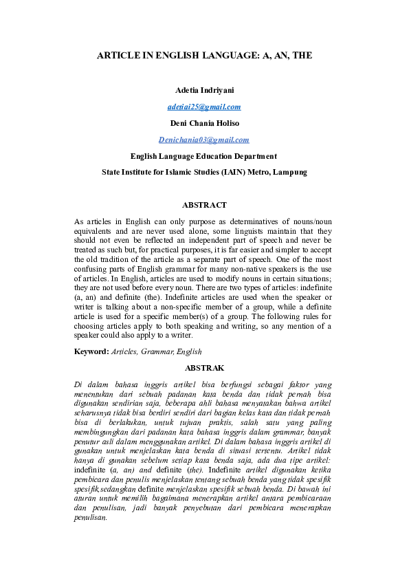 (DOC) ARTICLE IN ENGLISH LANGUAGE: A, AN, THE
