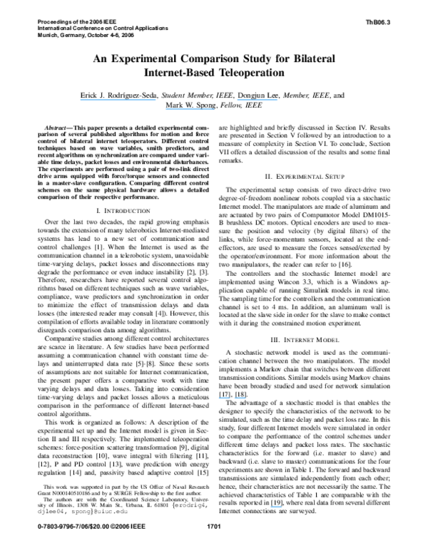 (PDF) An Experimental Comparison Study for Bilateral Internet-Based Teleoperation