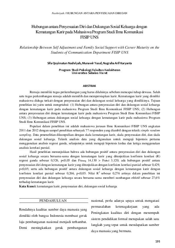 (PDF) Hubungan antara Penyesuaian Diri dan Dukungan Sosial Keluarga dengan Kematangan Karir pada ...