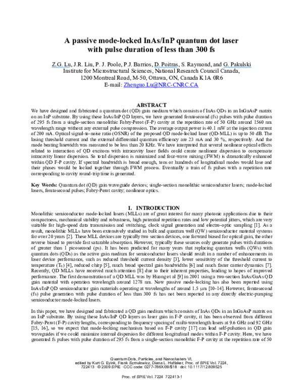 (PDF) 312-fs pulse generation from a passive C-band InAs/InP quantum dot mode-locked laser ...