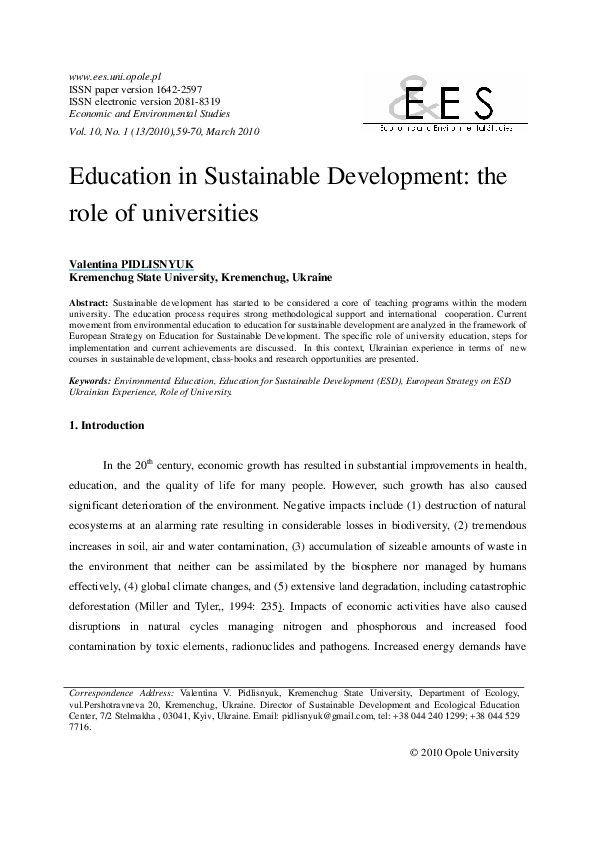 (PDF) Education in Sustainable Development: the role of universities