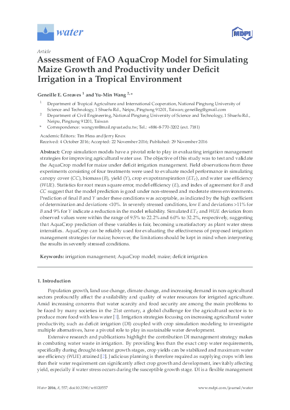 (PDF) Assessment of FAO AquaCrop Model for Simulating Maize Growth and ...
