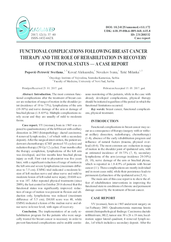 (PDF) Rehabilitation for Post-Breast Cancer Complications