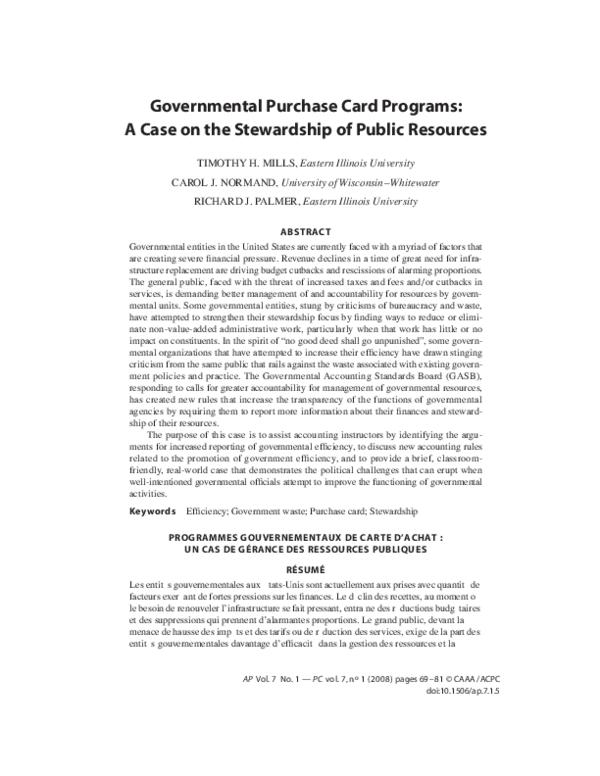 (PDF) Governmental Purchase Card Programs: A Case on the Stewardship of ...