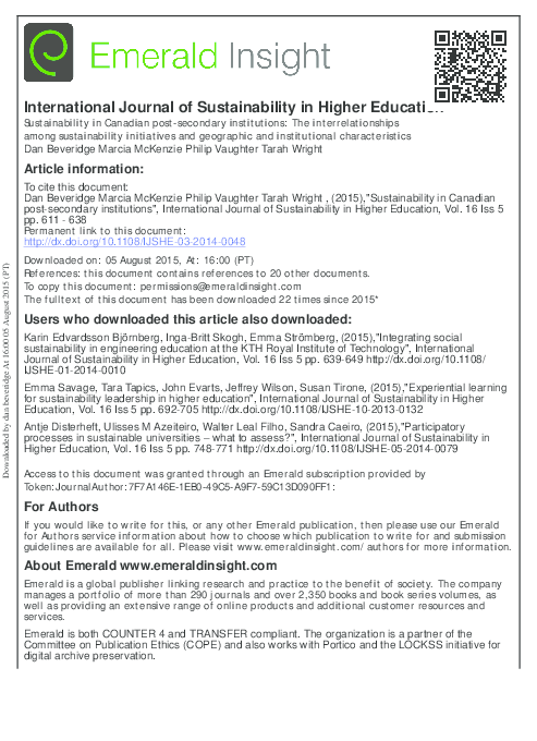 (PDF) Sustainability in Canadian post-secondary institutions: The ... (PDF) Sustainability in Canadian post-secondary institutions: The ...