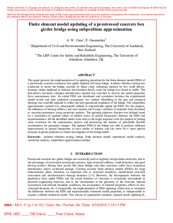 Pdf Finite Element Model Updating Of A Prestressed Concrete Box Girder Bridge Using Subproblem