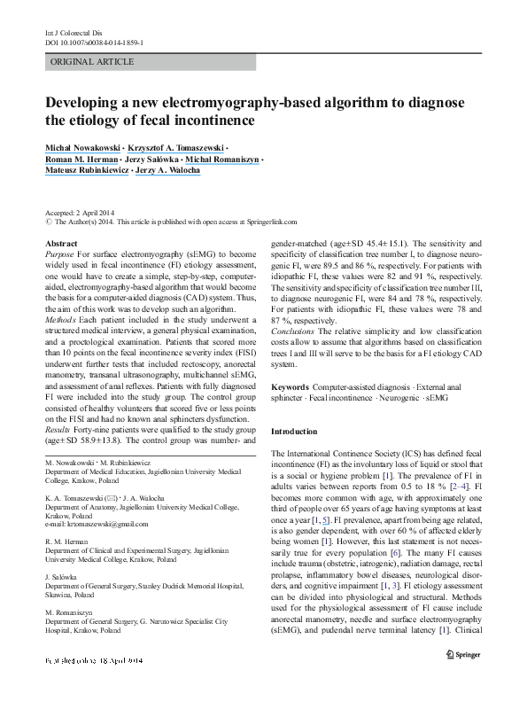(PDF) Developing a new electromyography-based algorithm to diagnose the etiology of fecal ...