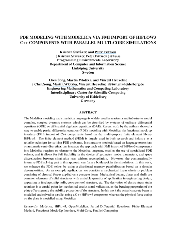 Pdf Pde Modeling With Modelica Via Fmi Import Of Hiflow3 C Components