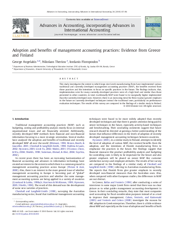 (PDF) Adoption and benefits of management accounting practices: Evidence from Greece and Finland