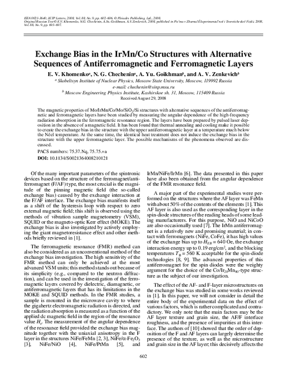 (PDF) Exchange bias in the IrMn/Co structures with alternative ...