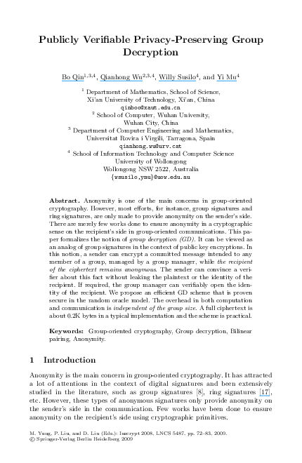 (PDF) Publicly Verifiable Privacy-Preserving Group Decryption