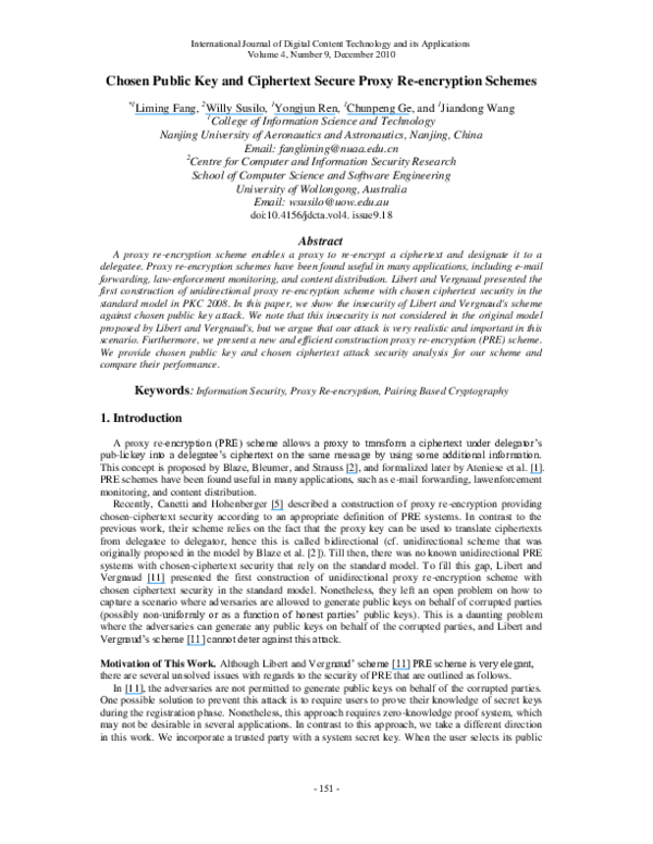 (PDF) Chosen Public Key and Ciphertext Secure Proxy Re-encryption Schemes