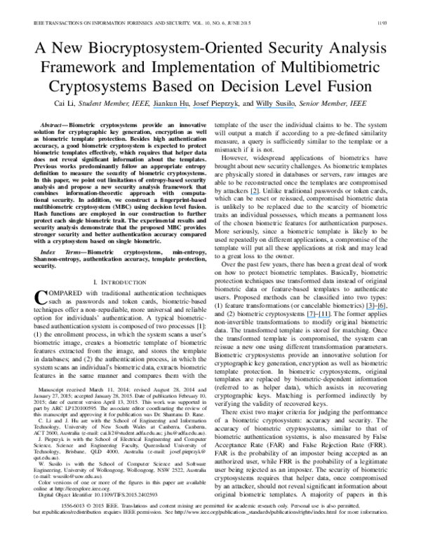 Pdf A New Biocryptosystem Oriented Security Analysis Framework And Implementation Of